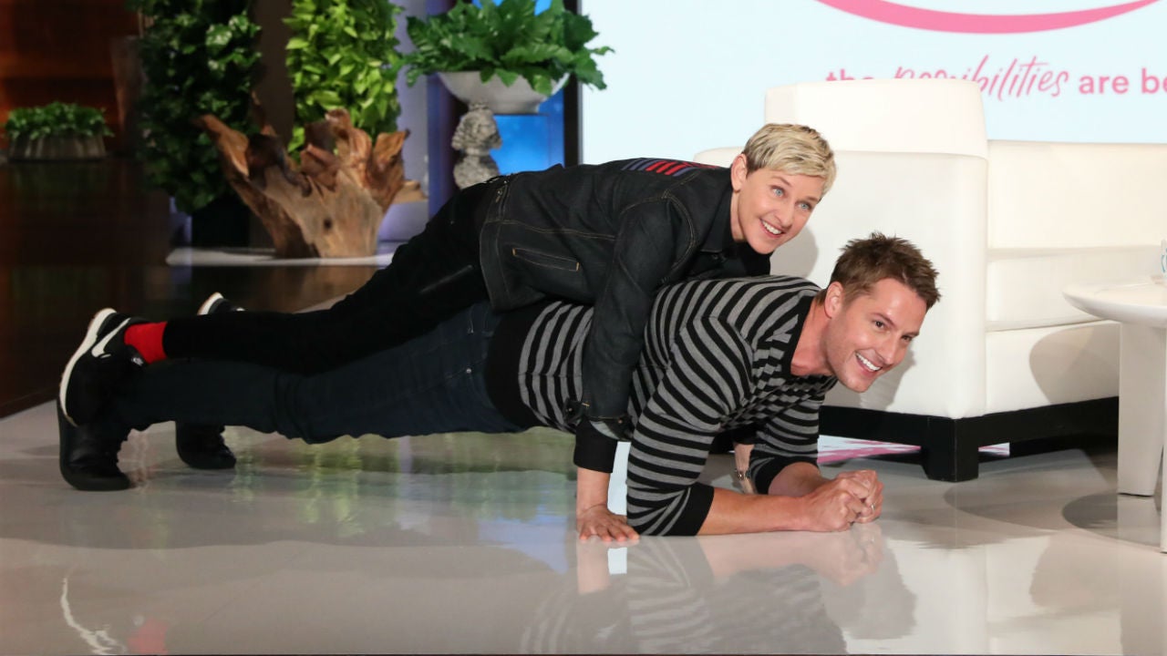 Justin Hartley Carries Ellen DeGeneres on His Back While Planking for ...