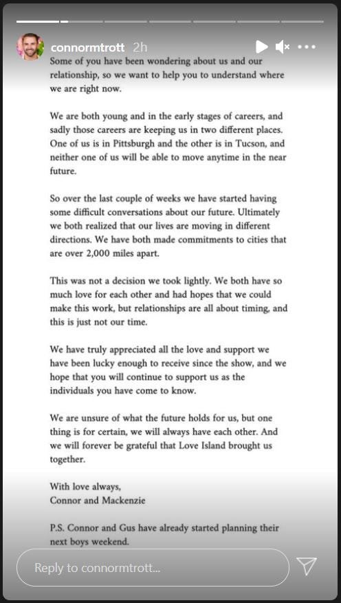 'Love Island' Couple Connor Trott and Mackenzie Dipman Split Up ...